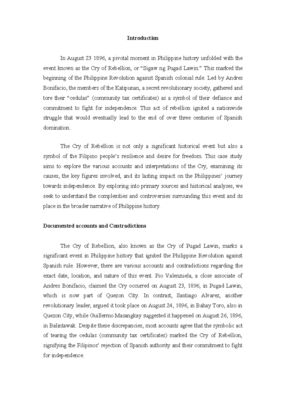 Case Study 4: The First Cry of Rebellion in Balintawak, 1896 - Studocu