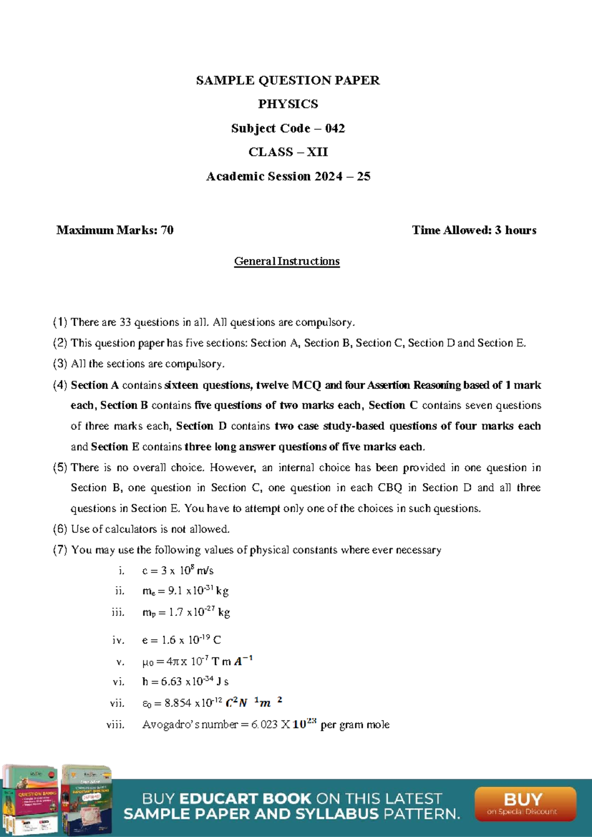 2024-25 Class 12 Physics Sample Question Paper - Subject Code 042 - Studocu