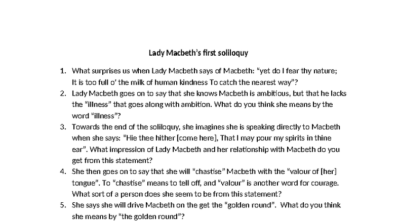 Lady Macbeth's first soliloquy - Lady Macbeth’s first soliloquy What ...