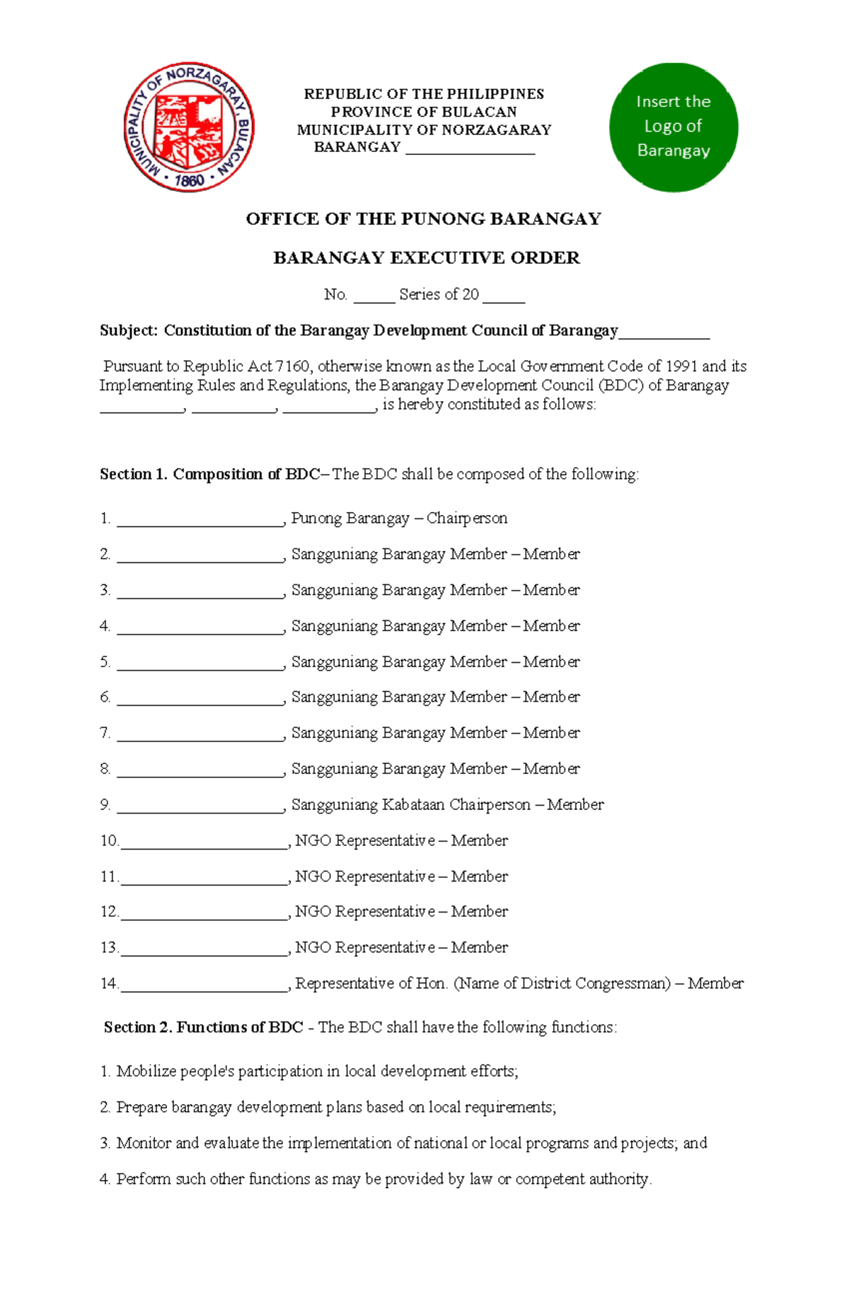 Barangay Development Council Constitution Template for Local Governance ...