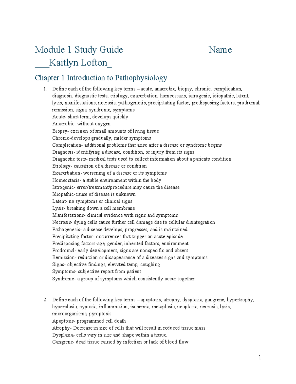 Pathophysiology module 1 study guide: key terms and concepts - Studocu