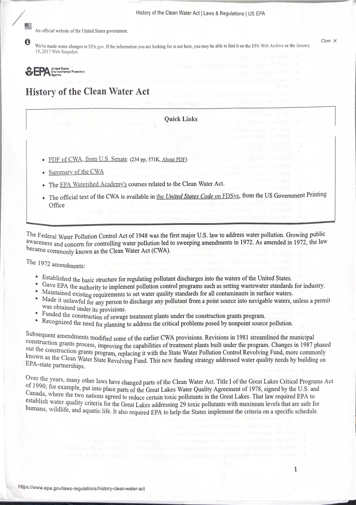 History of the Clean Water Act (CWA) - Laws & Regulations Overview ...