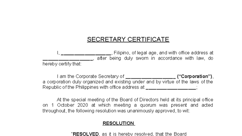 Secretary Certificate for Corporate Authority - Case 479012298 - Studocu