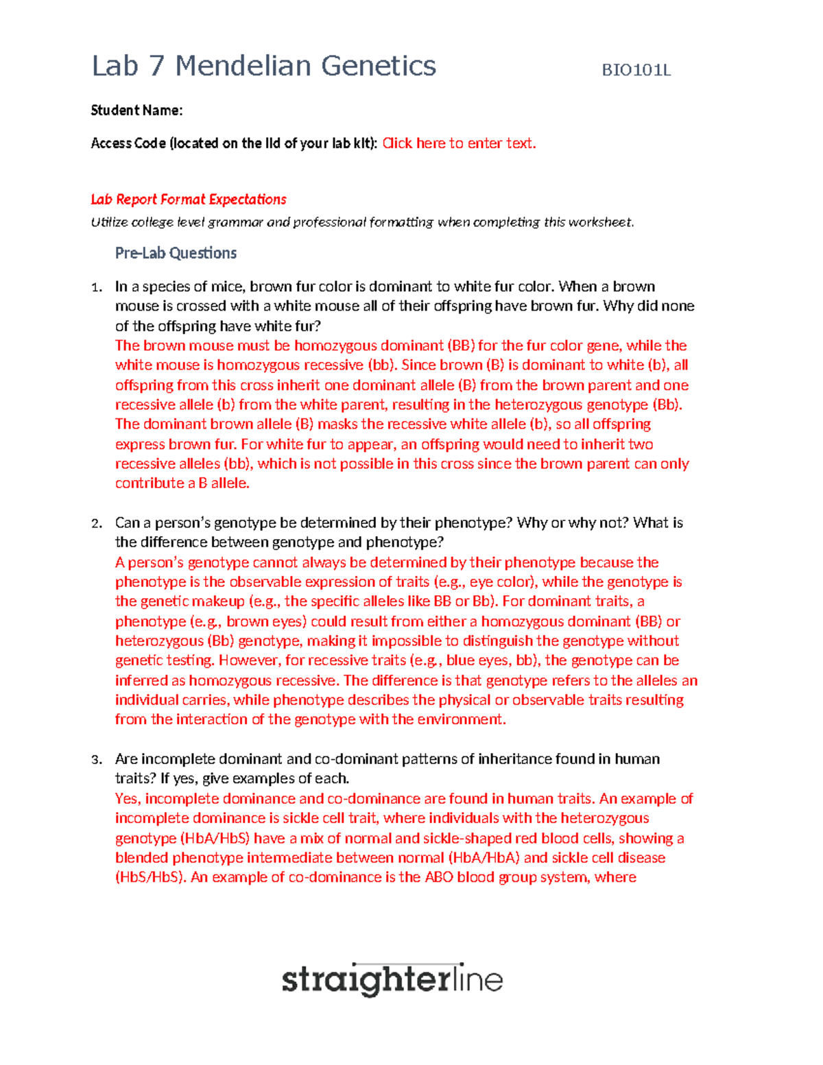 Lab 7: Mendelian Genetics Report for BIO101L - Studocu