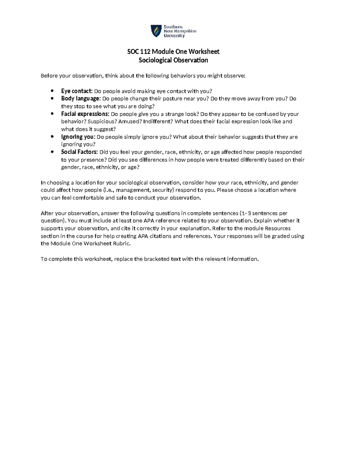 SOC 112 Module One Worksheet: Sociological Observation Guide - Studocu