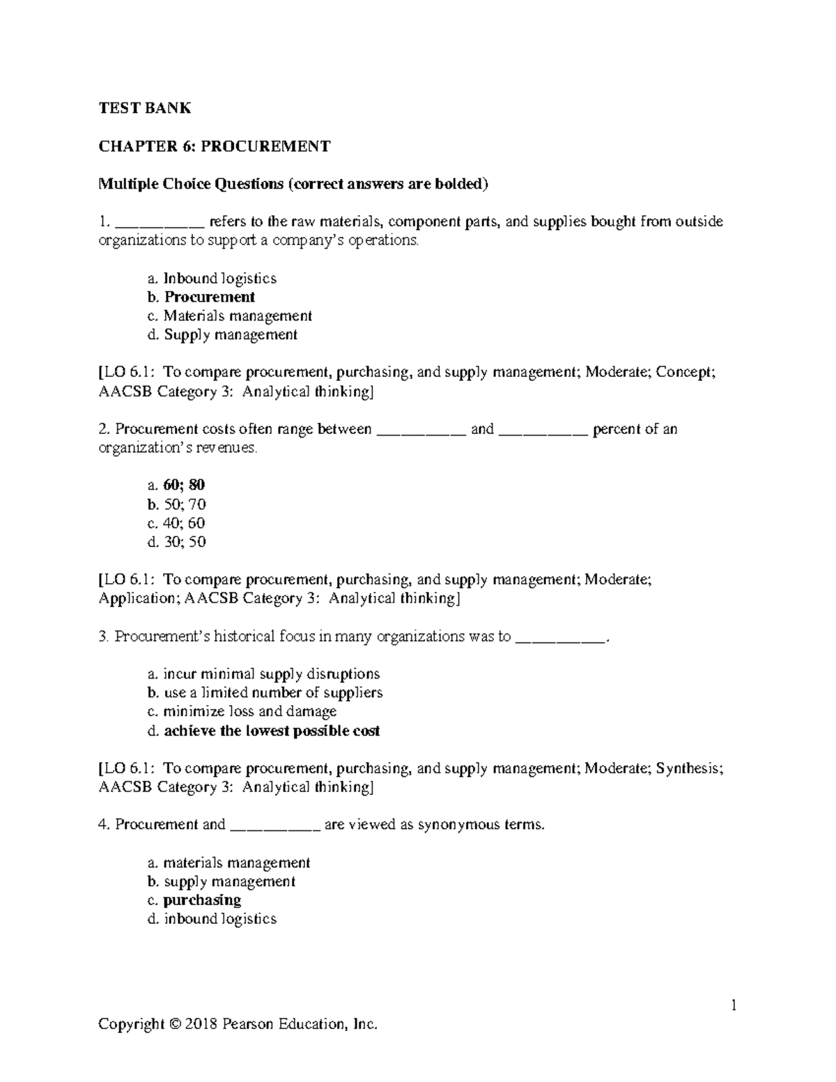 Chapter 6 - Procurement: Test Bank Questions and Answers - Studocu