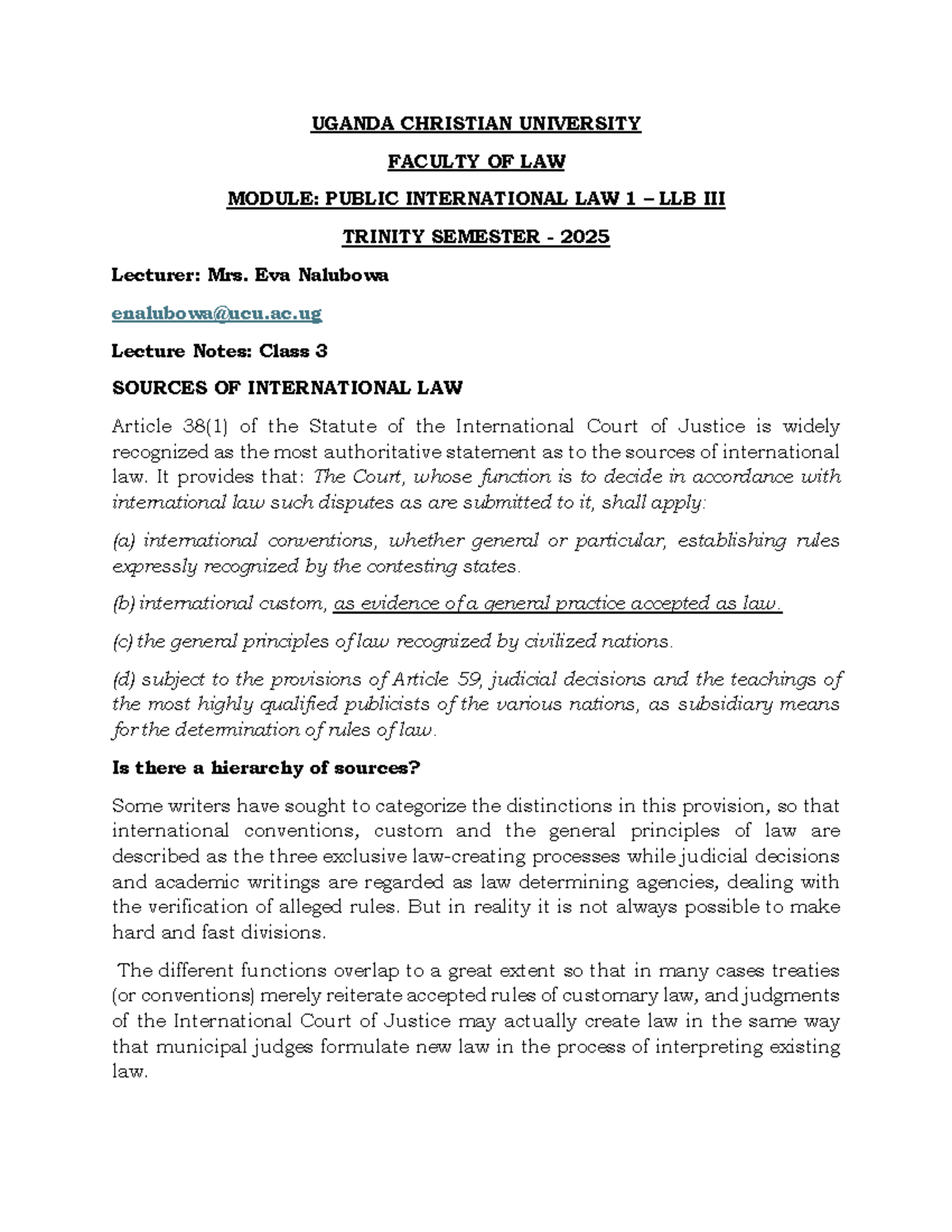 Public International Law 1 (LLB) - Lecture Notes: Sources of Law - Studocu
