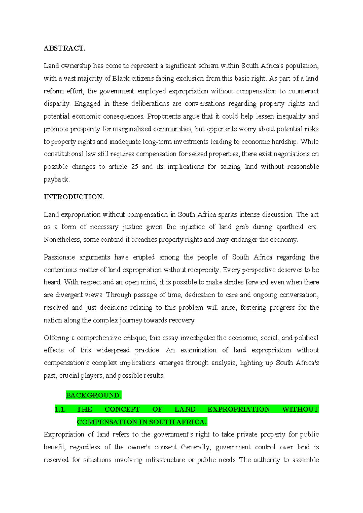 LAND Expropriation Without Compensation: Impacts & Implications - Studocu
