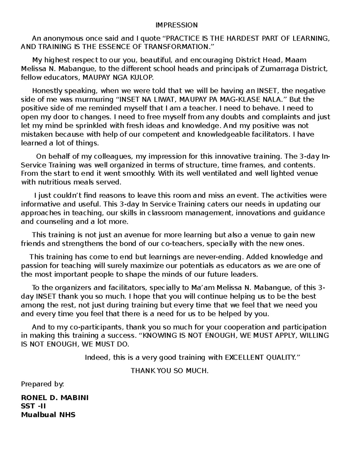 Impression Report on INSET Training - Mualbual NHS - Studocu