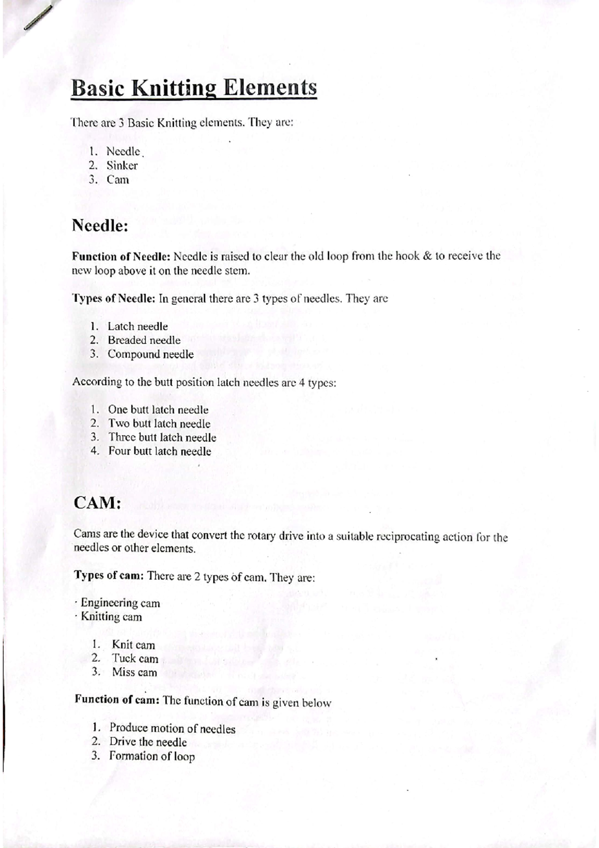 Basic Elements of Knitting Technology: Needles, Cams, and Sinkers - Studocu