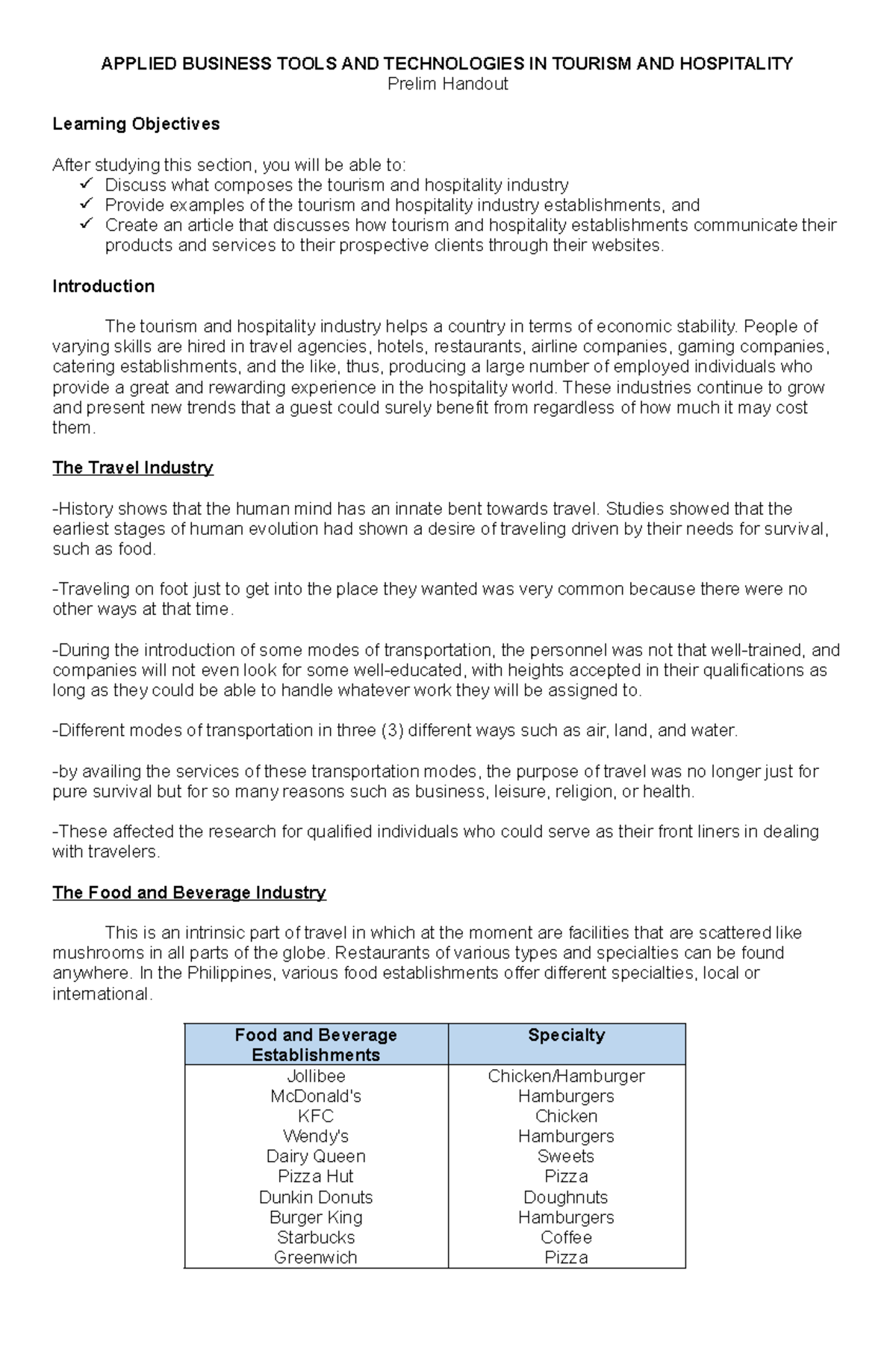 Applied Business Tools (Prelims) in Tourism & Hospitality Industry ...