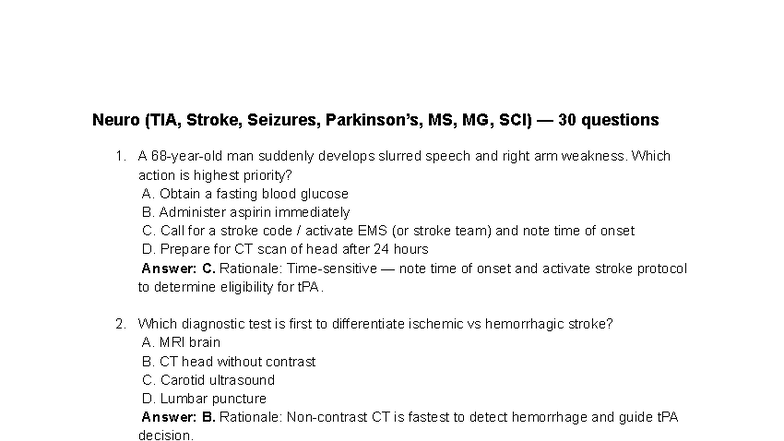 Practice Exam 2 adult health 2 - Neuro (TIA, Stroke, Seizures ...