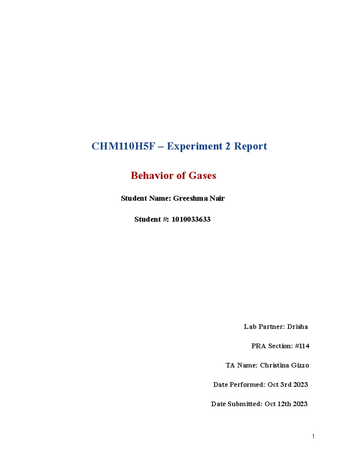 CHM110H5F – Experiment 2 Report on Behavior of Gases Analysis - Studocu