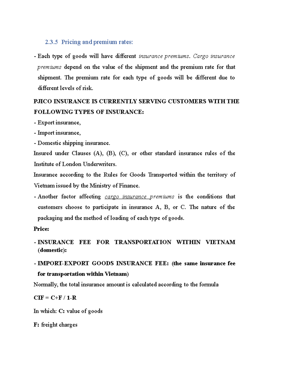 PJICO Cargo Insurance Premiums & Claims Process Overview - Studocu