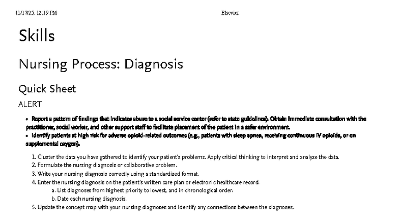 nursing Diagnosis - Skills Nursing Process: Diagnosis Quick Sheet ALERT ...