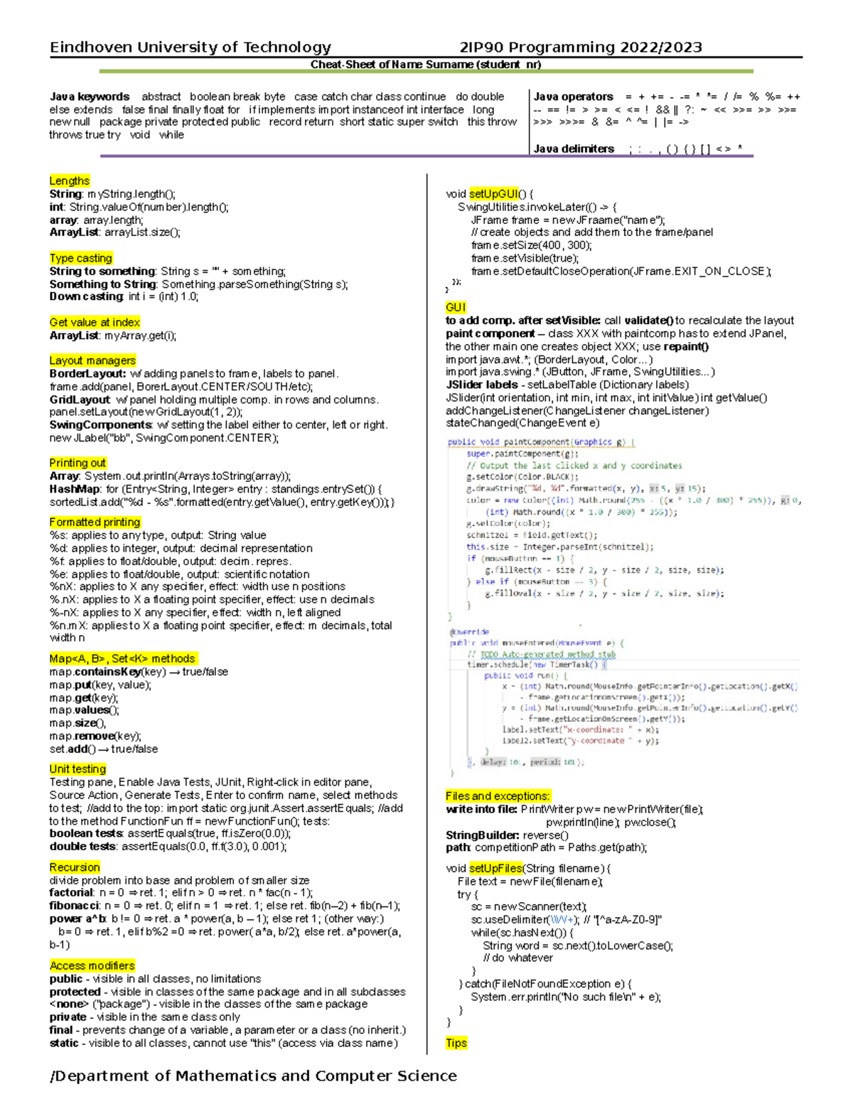Java Programming Cheat Sheet for 2IP90 - Quick Reference Guide - Studeersnel