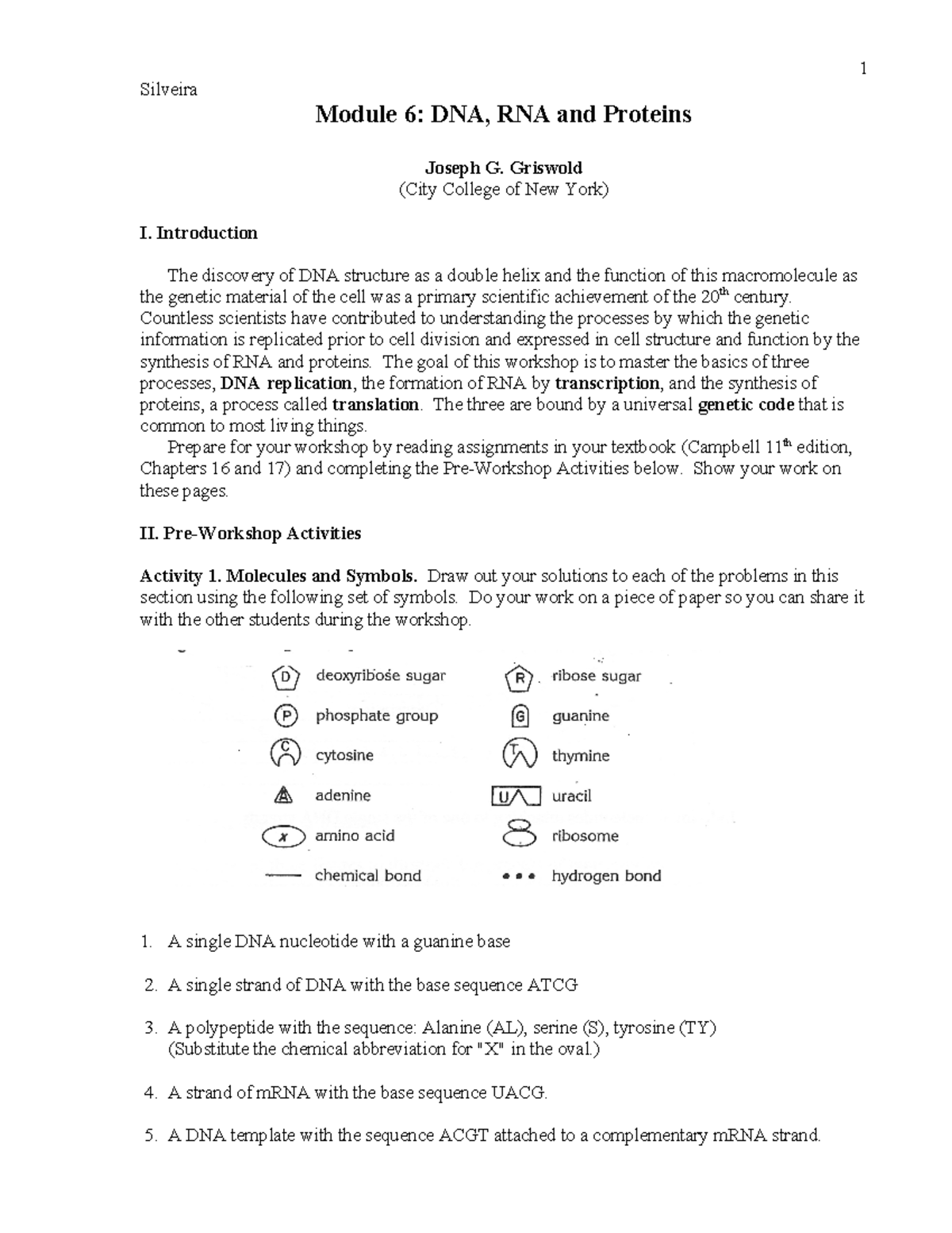 Module 6 DNA & RNA Processes - Lecture/Workshop Notes for Prof ...