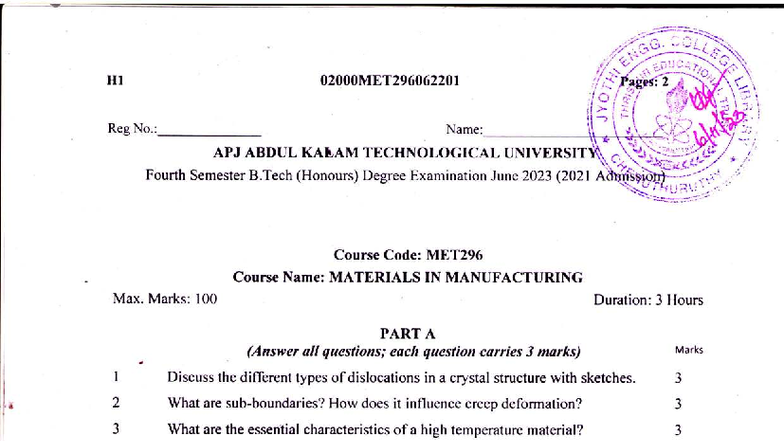 MET296 Materials in Manufacturing Final Exam June 2023 - Studocu