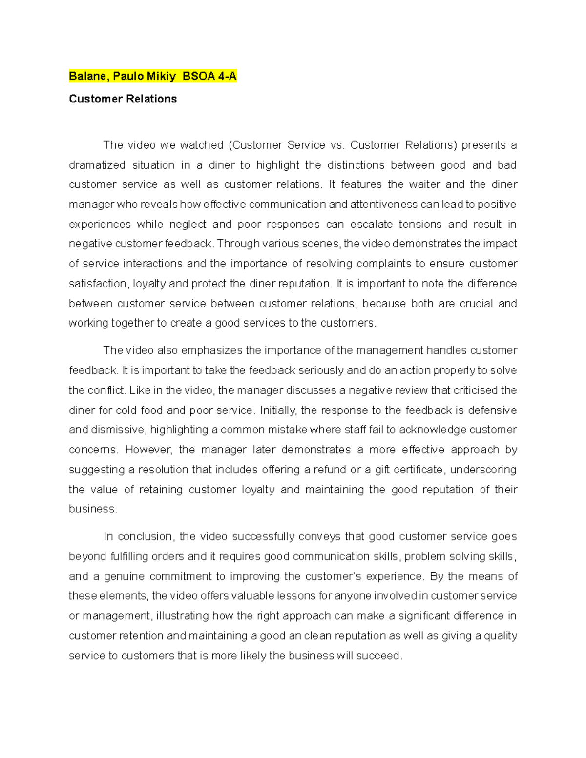 BSOA 4-A Reaction Paper: Insights on Customer Service vs. Relations ...