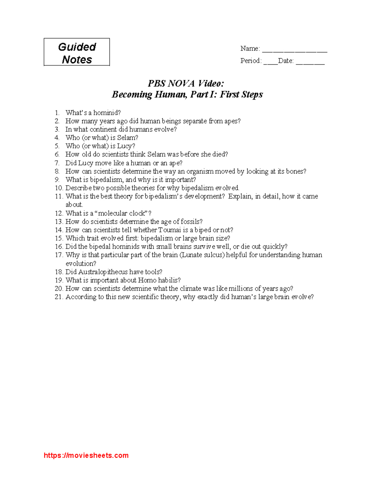 PBS Guided Notes: NOVA Video "Becoming Human, Part I" - Studocu