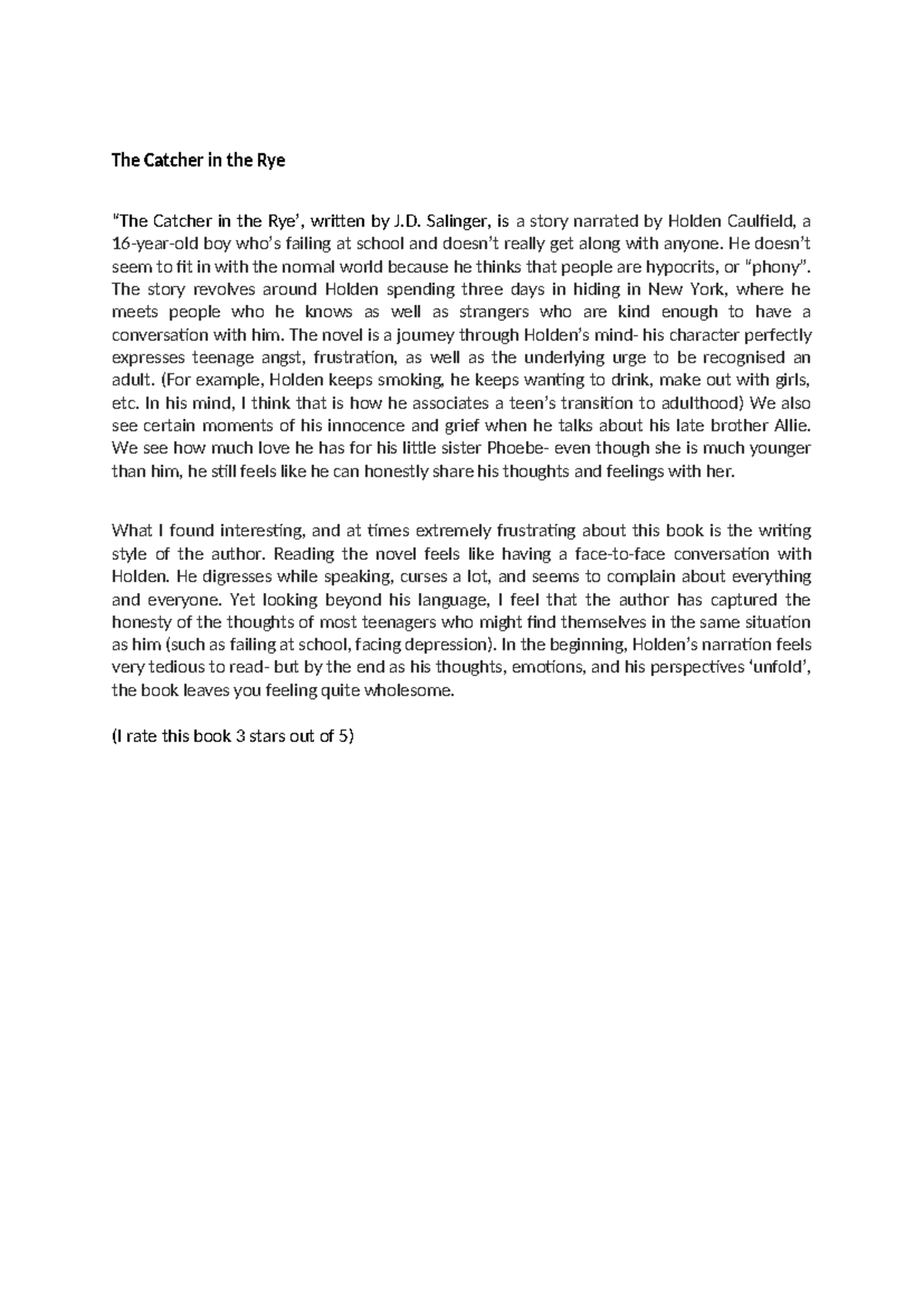 ENG 101: The Catcher in the Rye - A Critical Review of Holden Caulfield ...