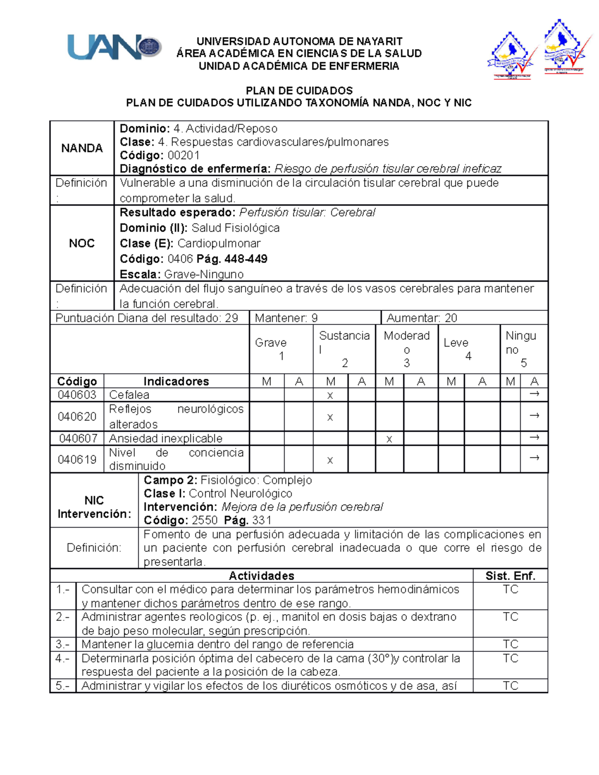 Plan de Cuidados para Perfusión Cerebral Ineficaz NANDA, NOC, NIC - Studocu