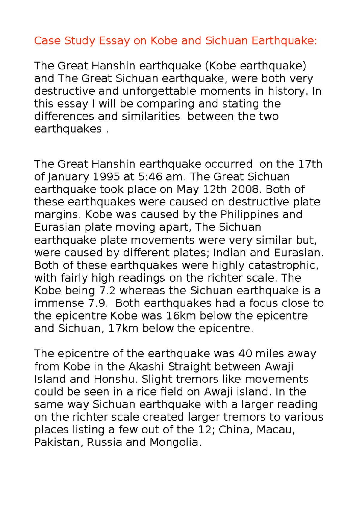 Case Study Essay: Comparing the Kobe and Sichuan Earthquakes - Studocu