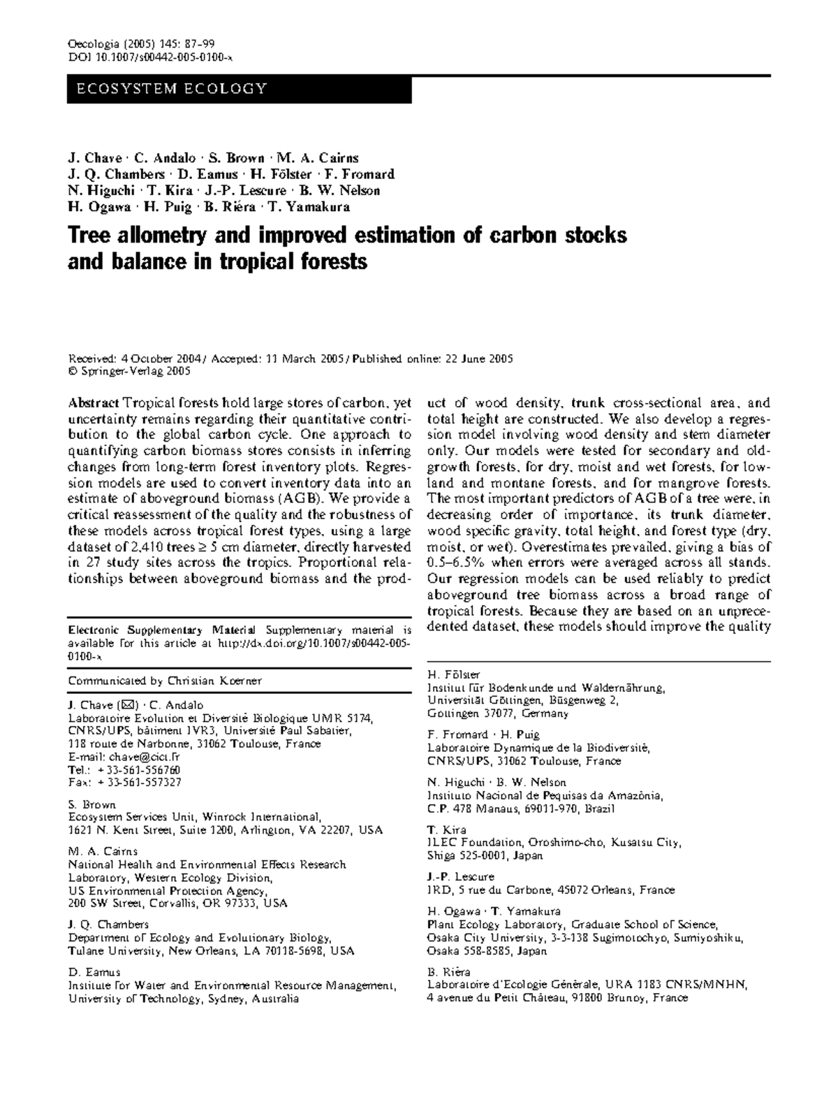 Tree Allometry and Carbon Stock Estimation in Tropical Forests (OEC ...