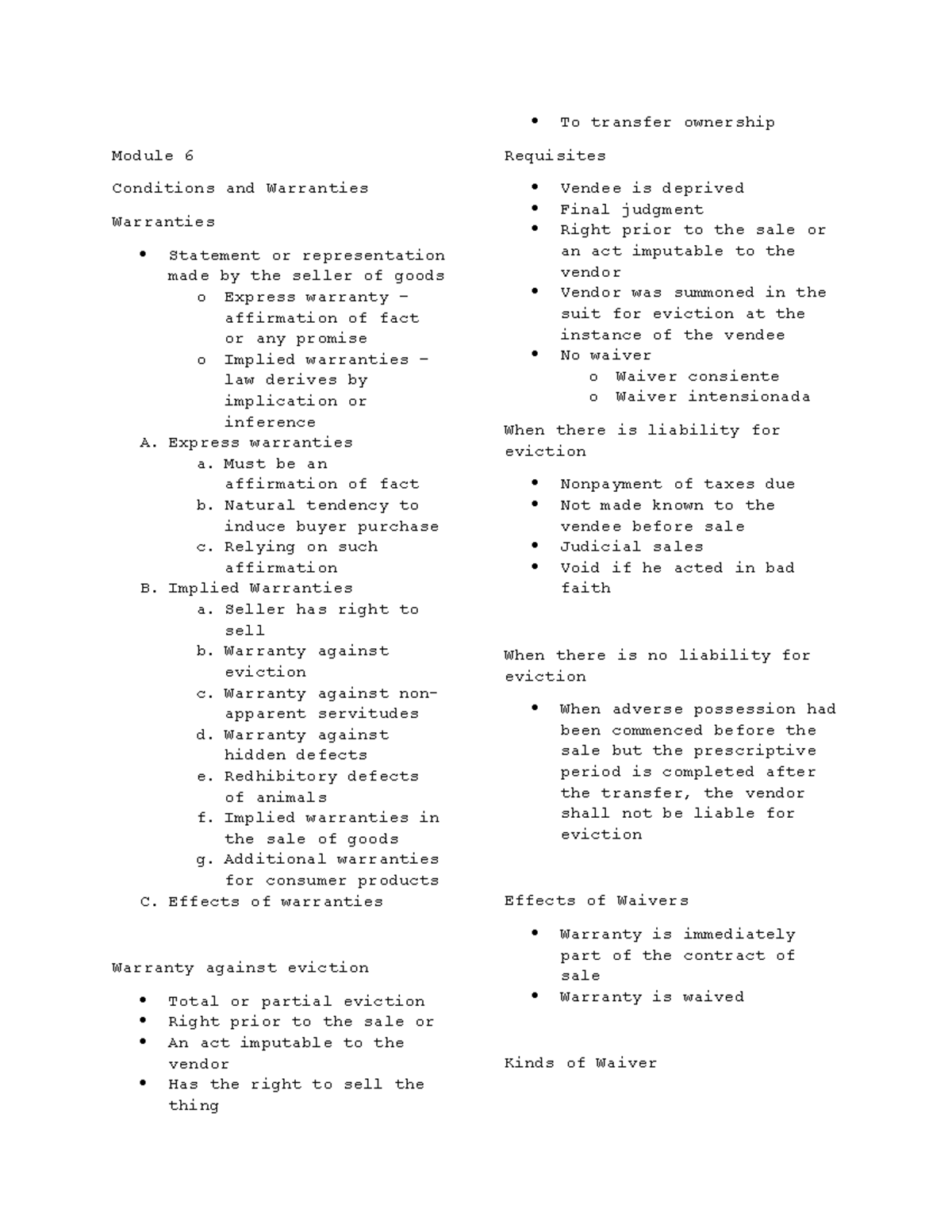 Law on Sales Notes Part 3 - Module 6 Conditions and Warranties ...