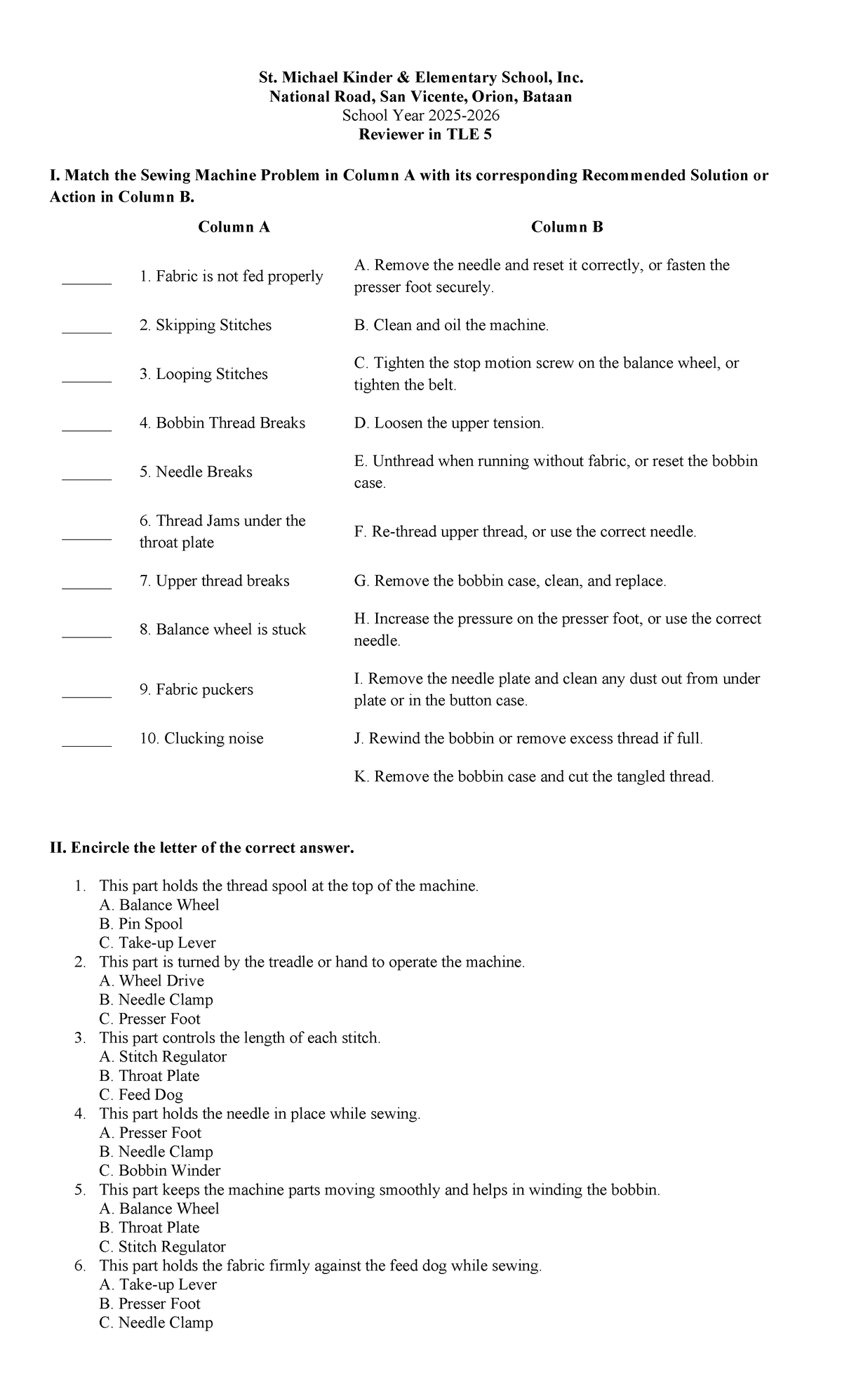TLE 5 - Sewing Machine Operations and Art History Reviewer - Studocu