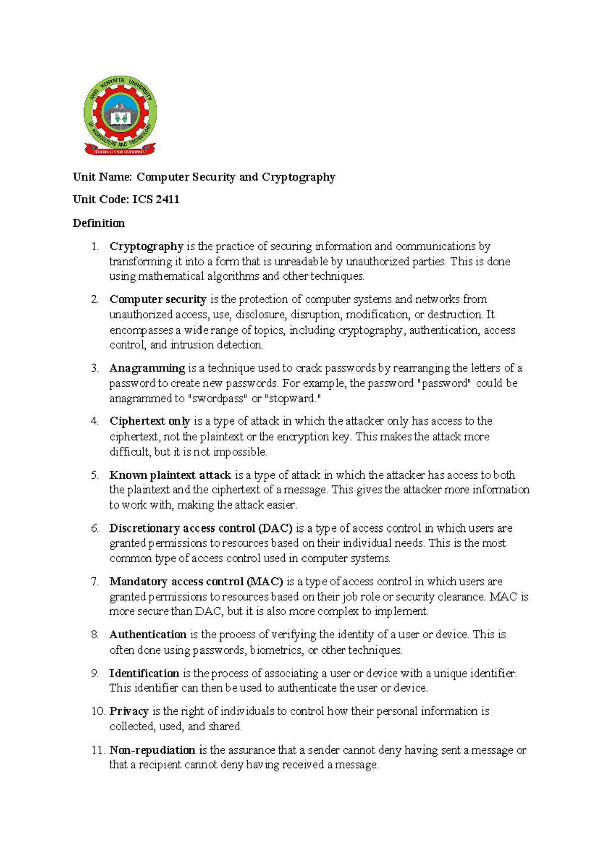 Computer Security and Cryptography: ICS 2411 Comprehensive Study Guide - Studocu