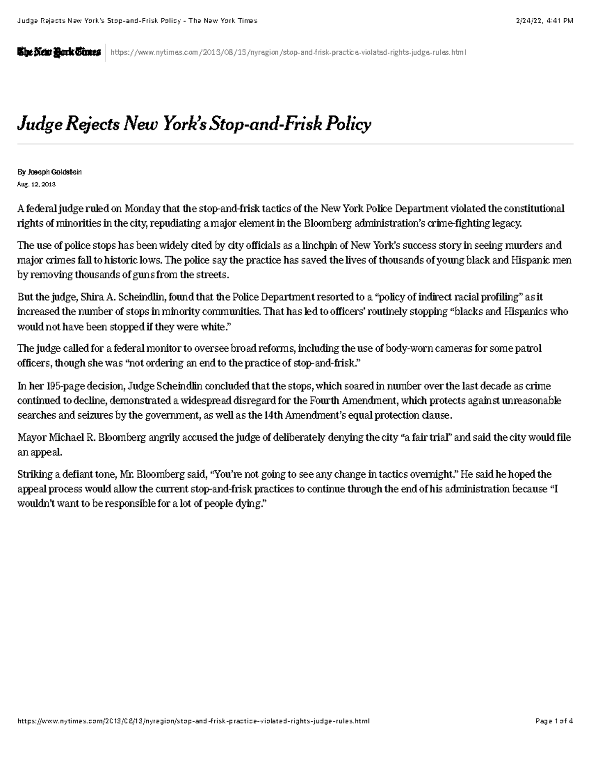 Judge Scheindlin Rejects NYPD's Stop-and-Frisk Policy - NYT Analysis ...