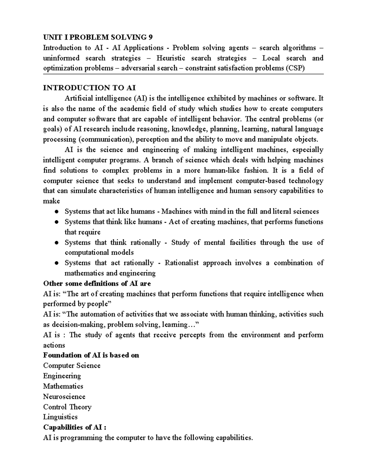 UNIT I: Problem Solving in AI - Search Algorithms and Techniques - Studocu