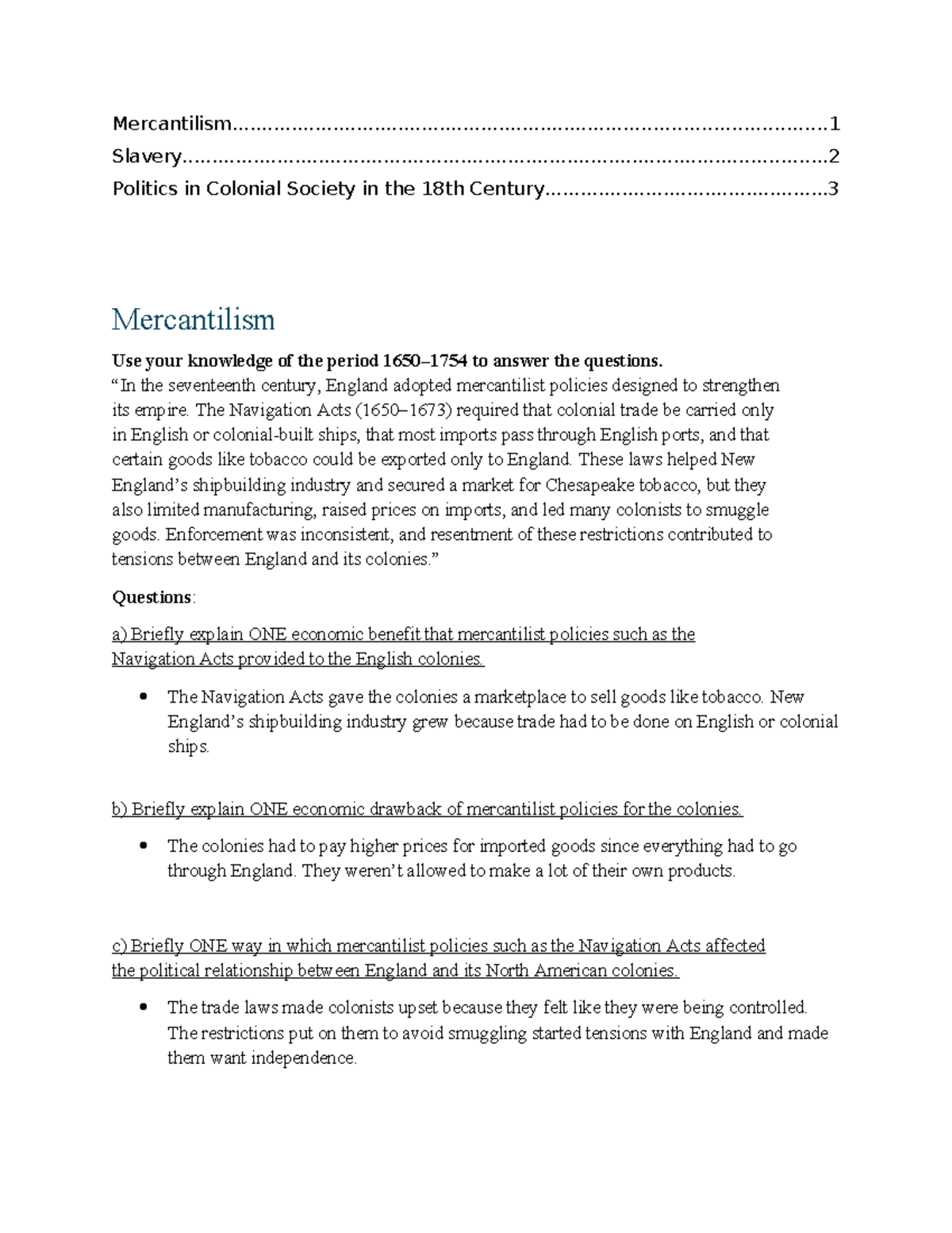APUSH SAQs: Mercantilism, Slavery & Colonial Politics Analysis - Studocu