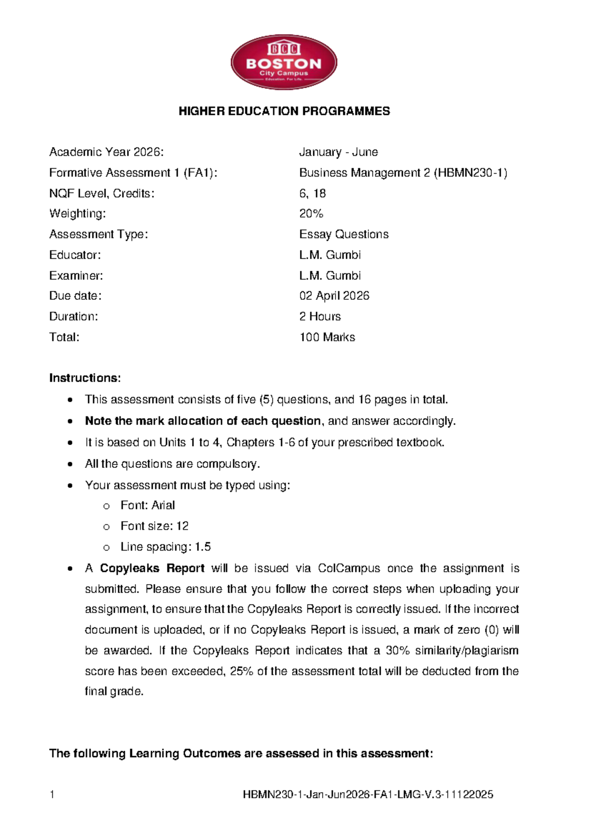 HBMN230 1 Jan-Jun 2026 FA1: Business Management Essay Assessment - Studocu