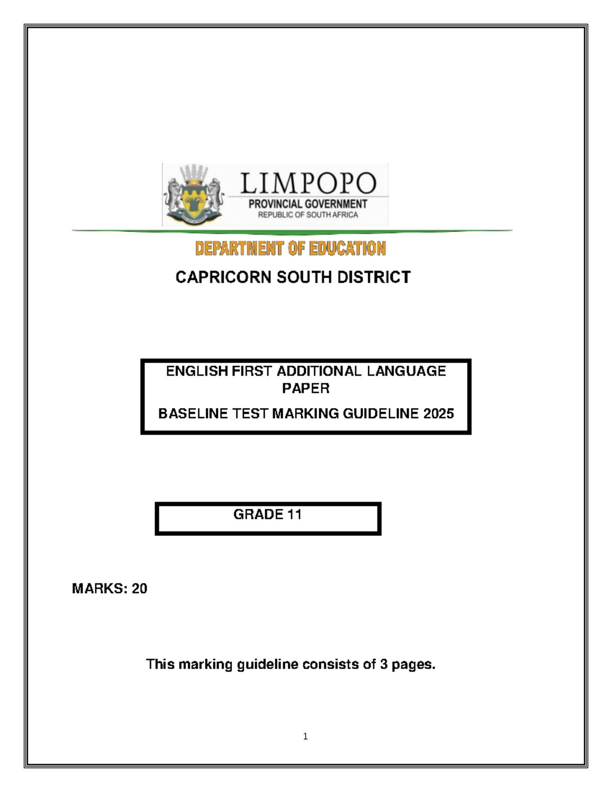 Grade 11 English First Additional Language Baseline Test Marking ...