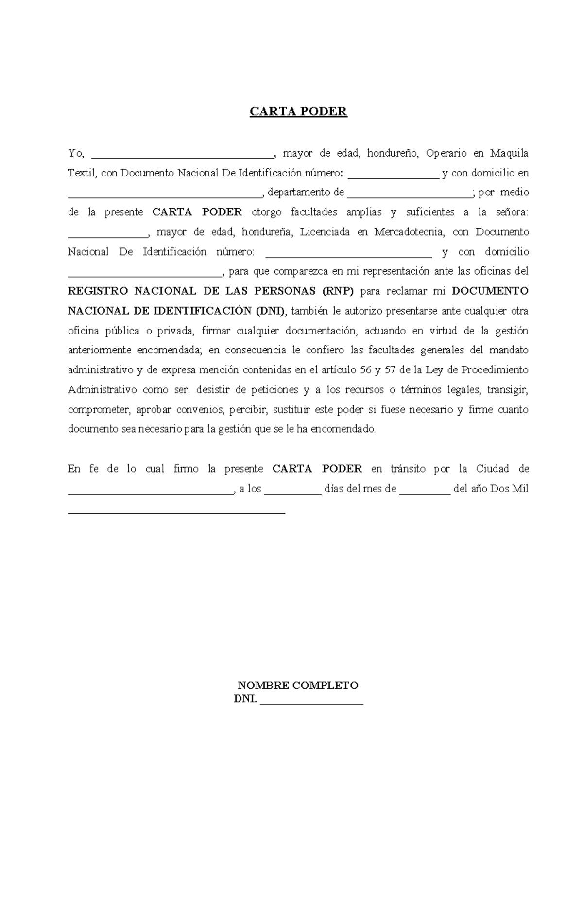Carta Poder para Retirar DNI en Honduras - Proceso Legal - Studocu