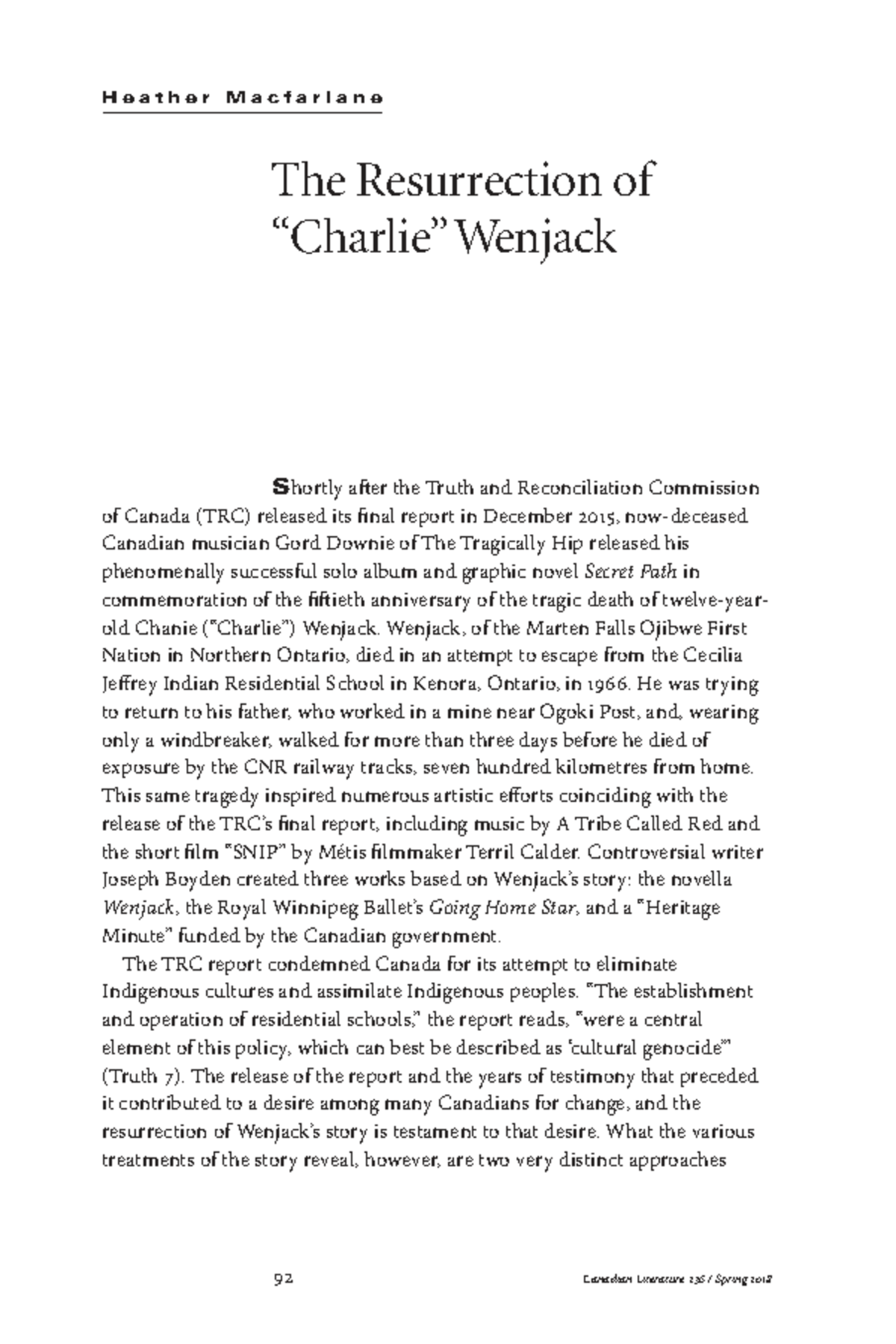 The Resurrection of Chanie Wenjack: Analyzing Indigenous Narratives in ...
