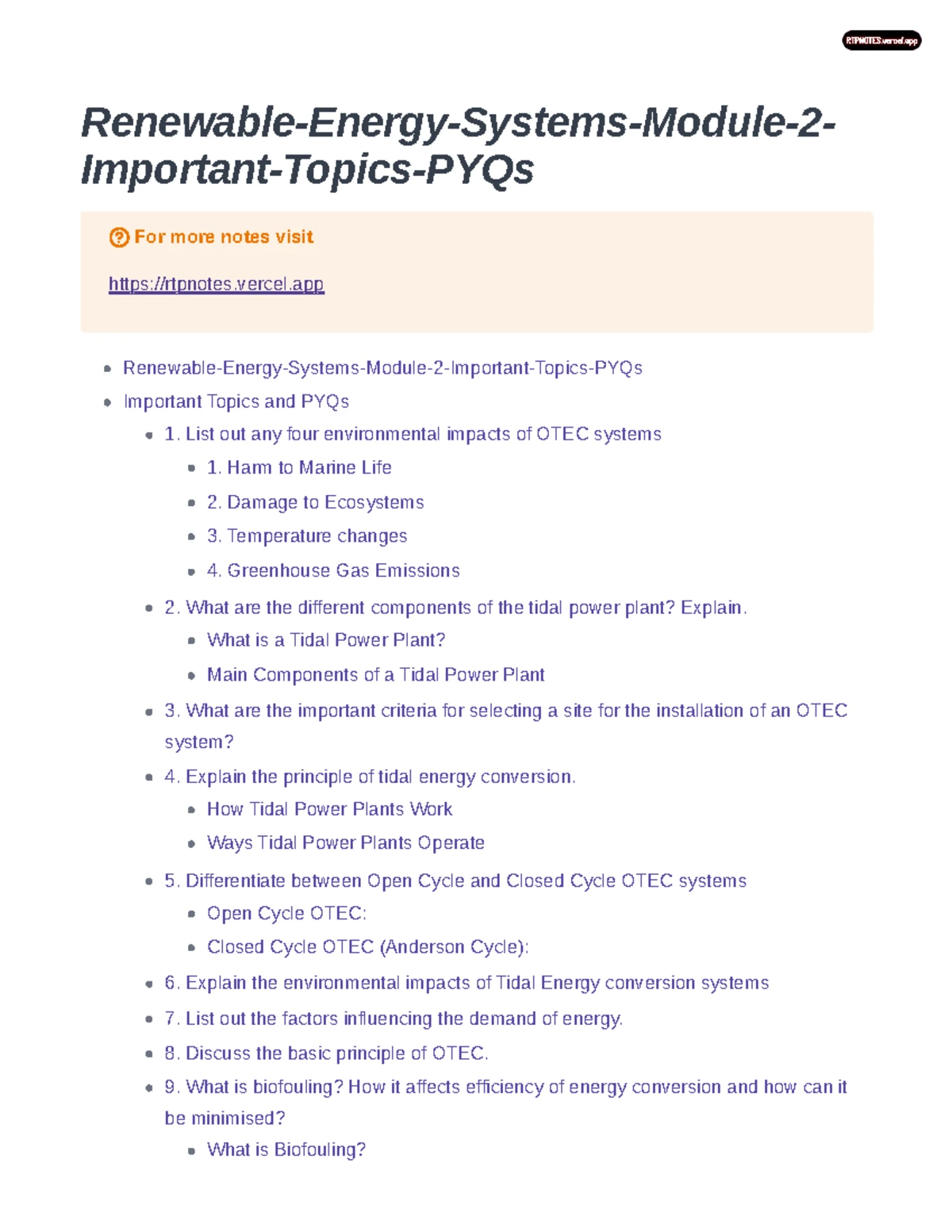 Renewable Energy Systems Module 1 Important Topics PYQs - Renewable ...