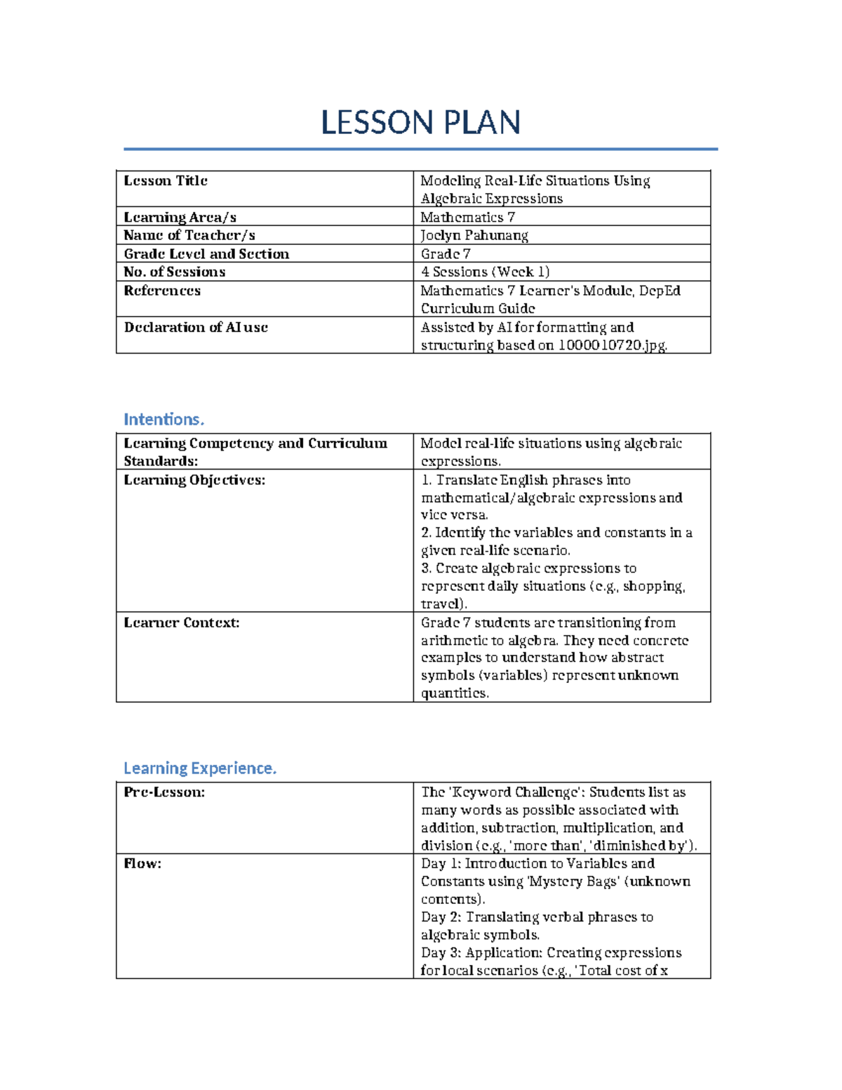 Math7 Lesson Plan: Modeling Situations with Algebraic Expressions - Studocu