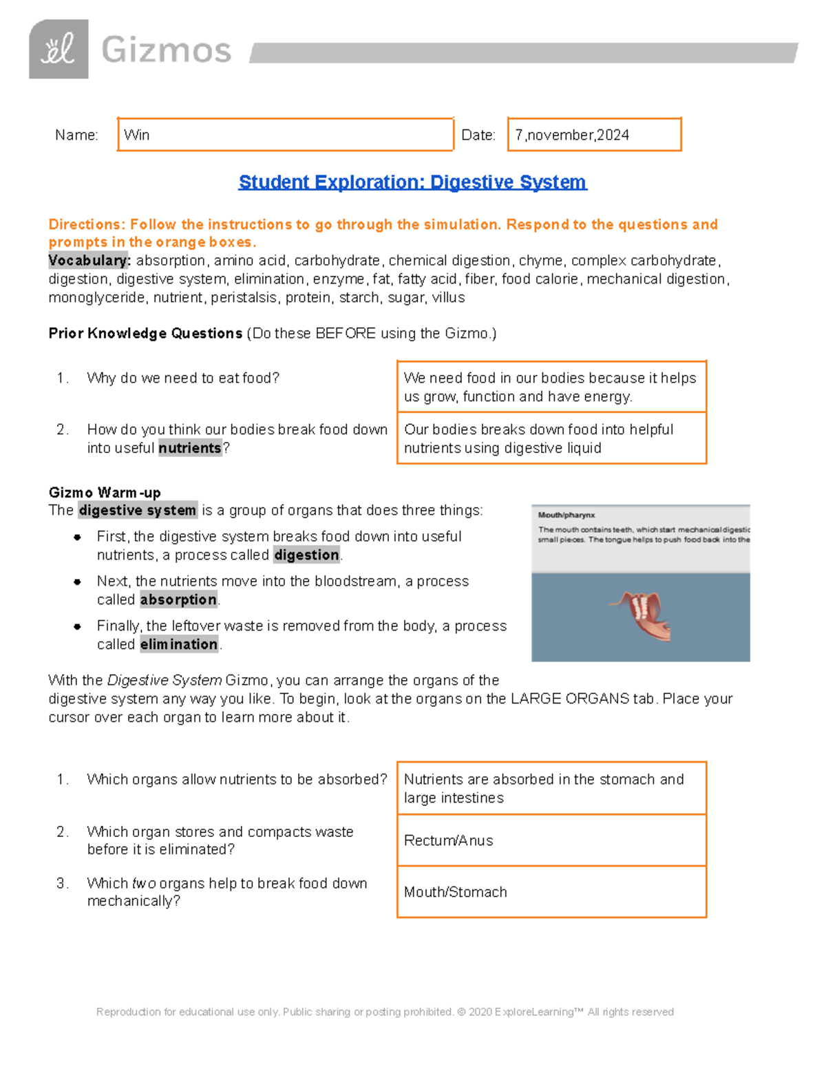 G8 Gizmos Digestive System Student Sheet - Name: Win Date: 7,november ...