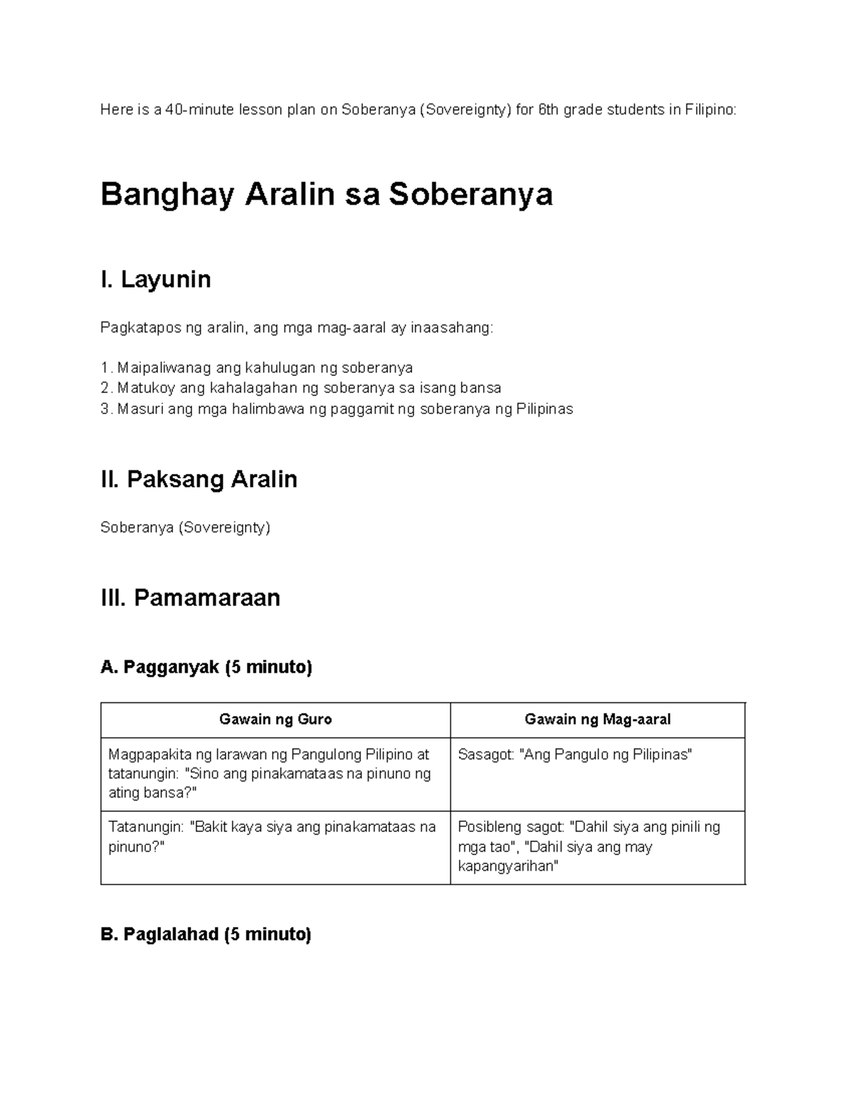 Grade 6 - Lesson Plan on Soberanya (Sovereignty) in Filipino - Studocu
