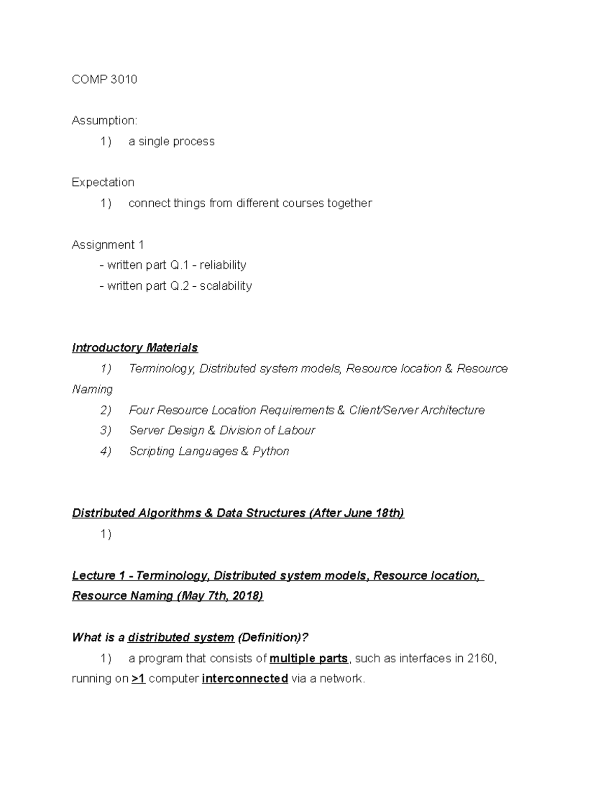 COMP 3010 - comp 3010 full notes - COMP 3010 Assumption: 1) a single ...