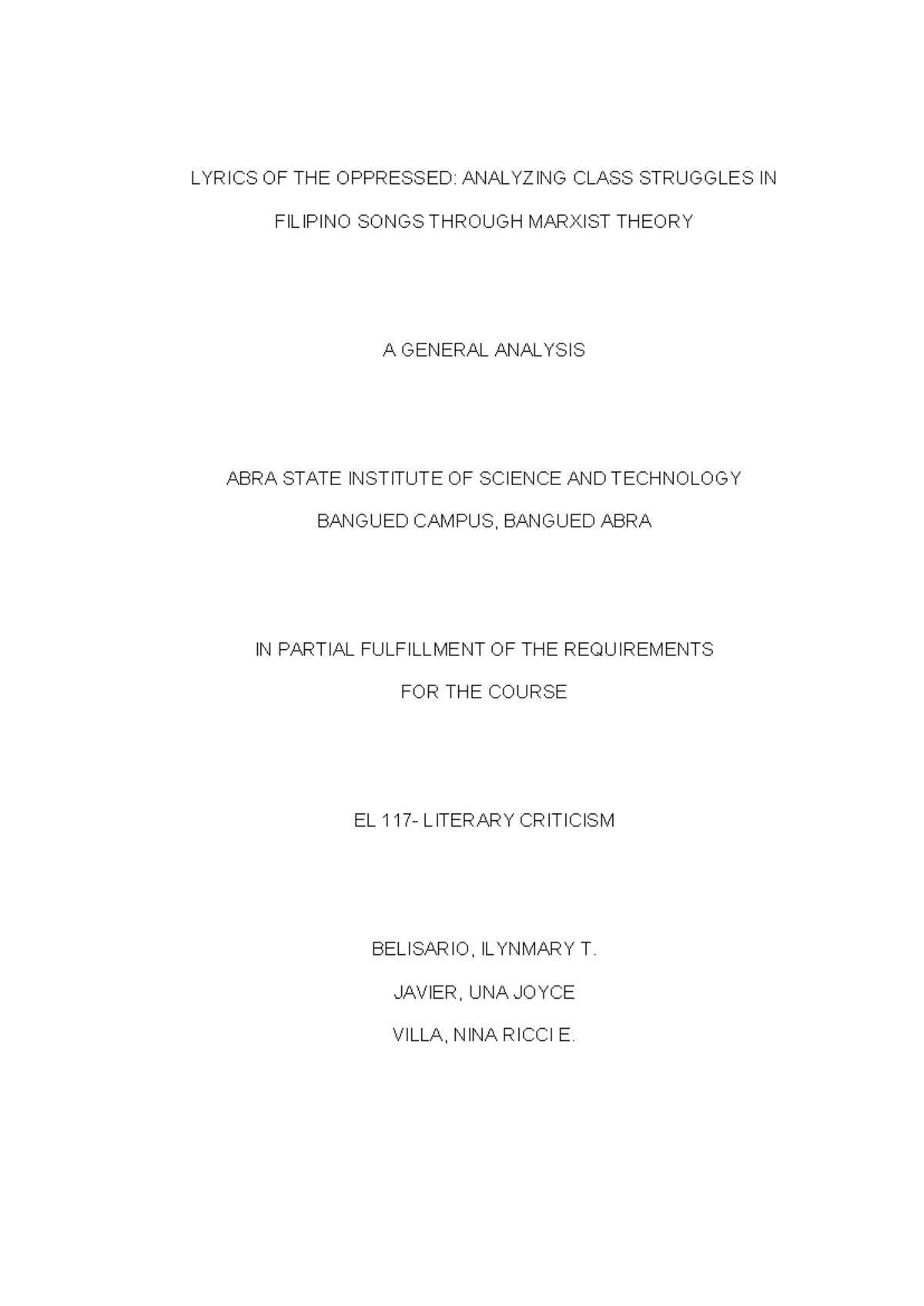 EL 117 - Marxist Theory in Filipino Songs: An Essay Analysis - Studocu