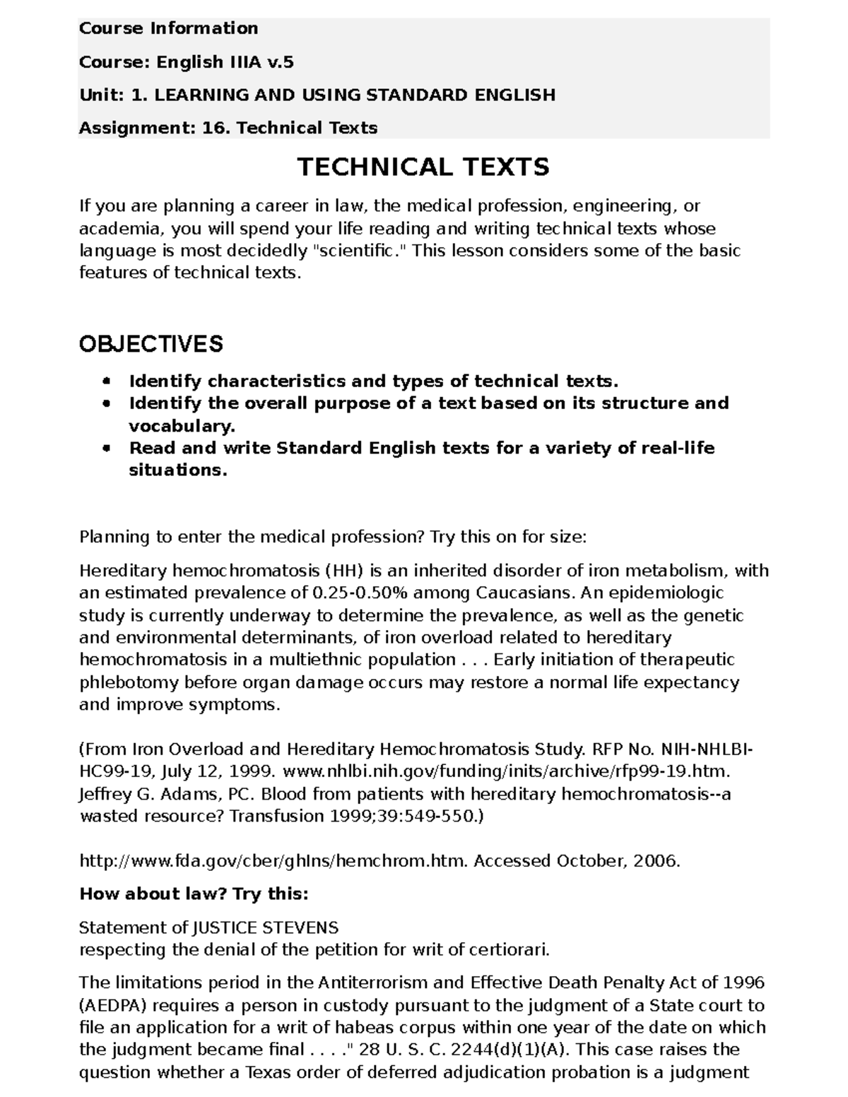 Technical Texts - Course Information Course: English IIIA v. Unit: 1 ...