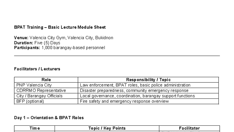 BPAT Training: Basic Lecture Module Sheet (Valencia City) - Studocu