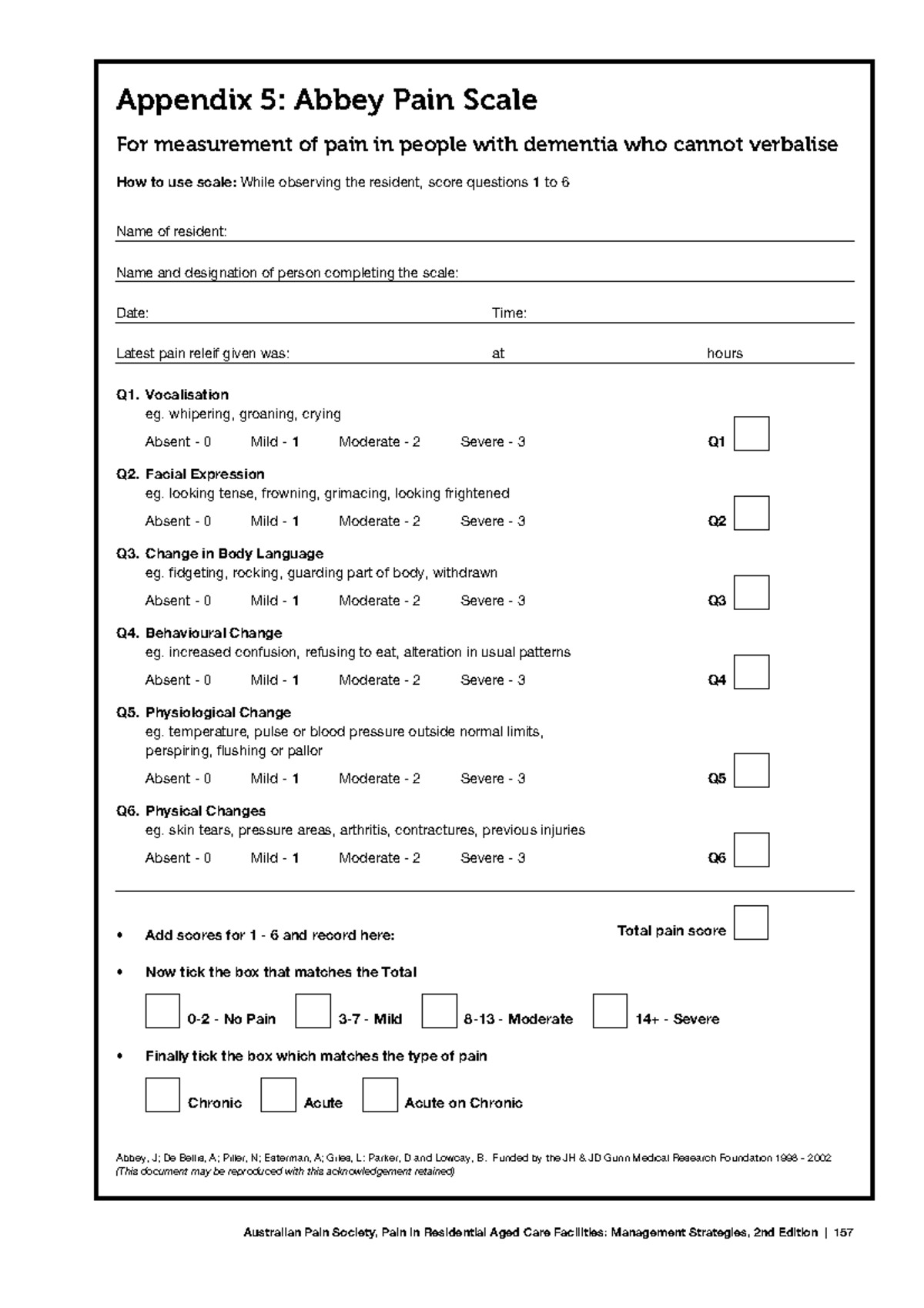 Abbey Pain Scale for Non-Verbal Dementia Patients: Appendix 5 - Studocu