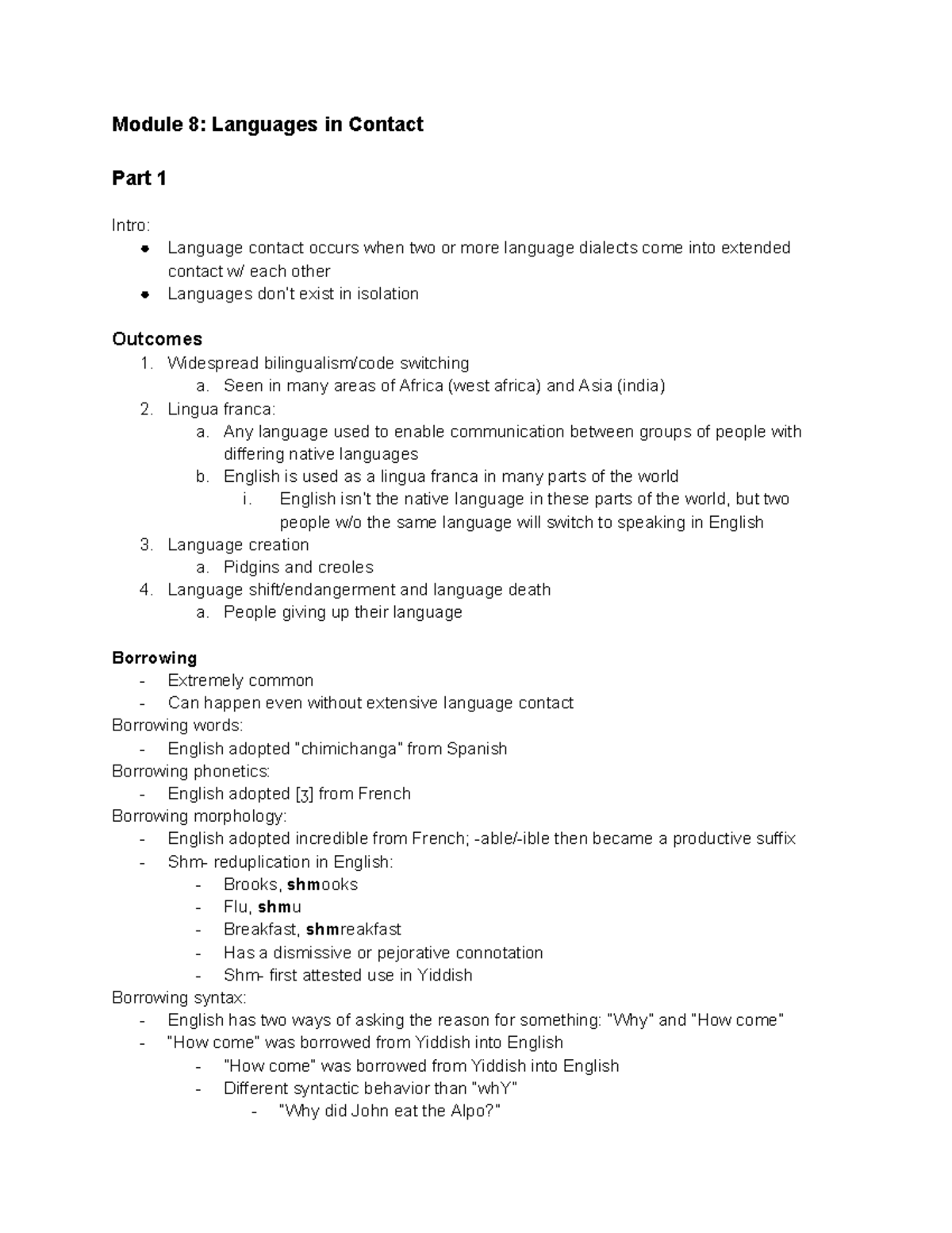 LING 1 -10 - Module 8 notes - Module 8: Languages in Contact Part 1 ...