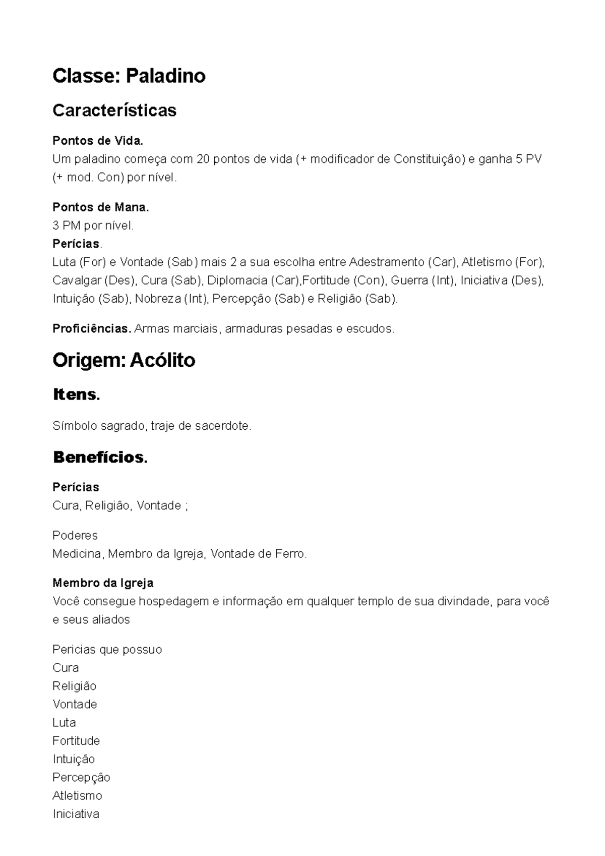 Características do Paladino: Vida, Mana e Perícias (Classe) - Studocu