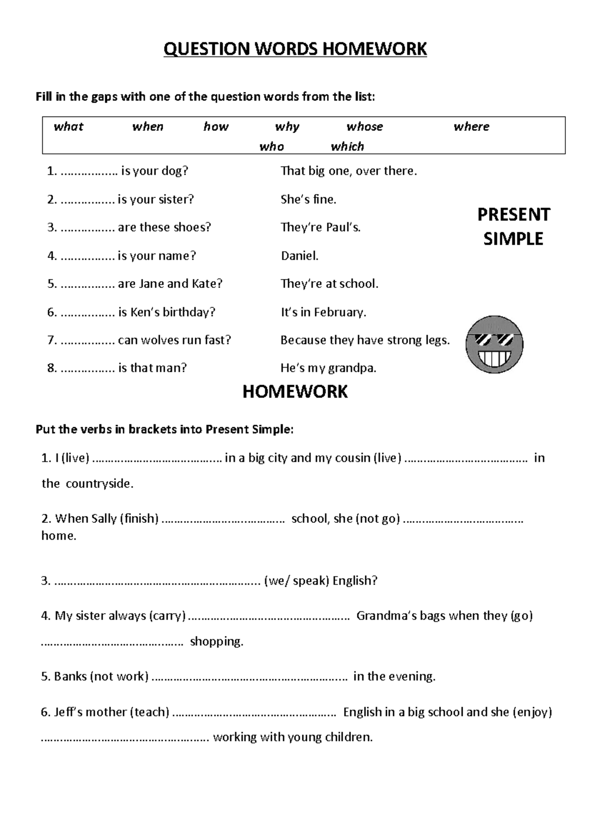 QUESTION WORDS & PRESENT SIMPLE HOMEWORK - Studocu